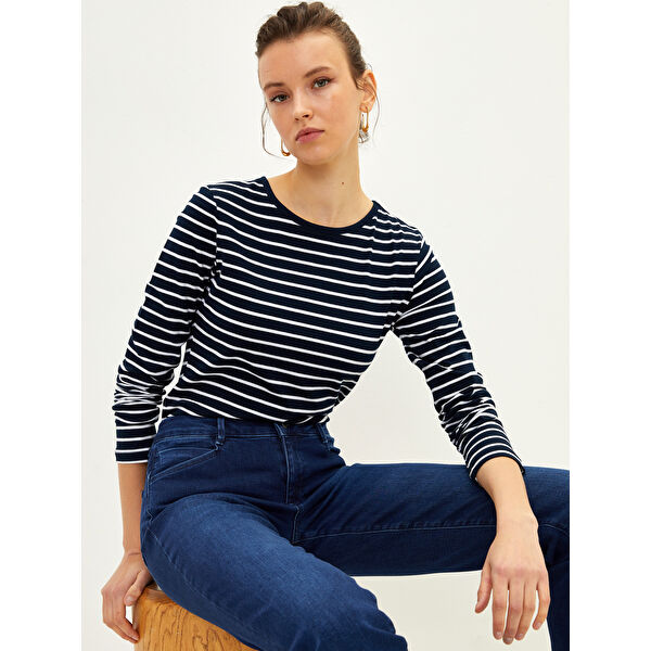 LCW BASIC Bisiklet Yaka Çizgili Uzun Kollu Pamuklu Kadın Tişört