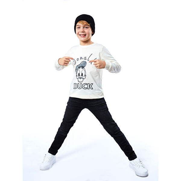 Bisiklet Yaka Donald Duck Baskılı Uzun Kollu Erkek Çocuk Sweatshirt