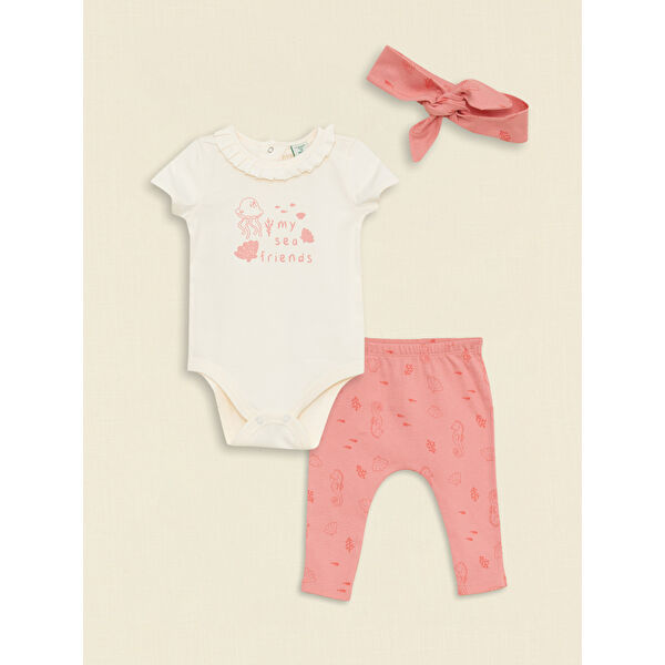 Bisiklet Yaka Kısa Kollu Baskılı Organik Pamuklu Kız Bebek 3'lü Takım