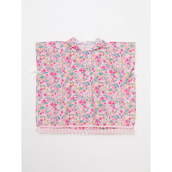 Çiçek Desenli Püsküllü Kapüşonlu Kız Çocuk Kadife Plaj Havlusu