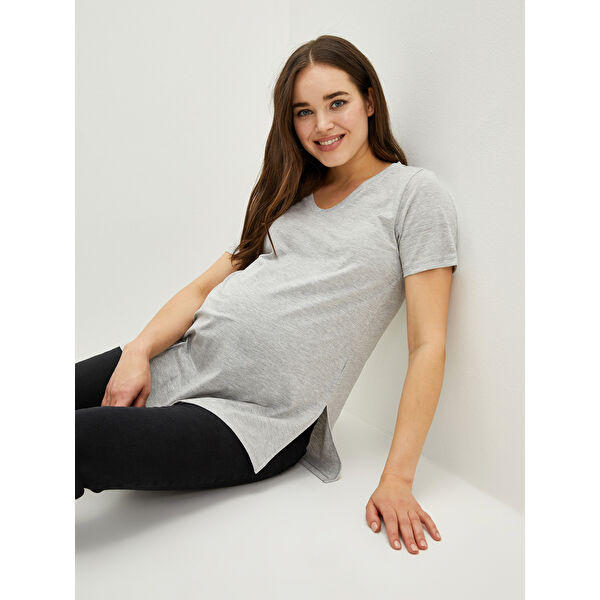 V Yaka Düz Kısa Kollu Hamile Tişört