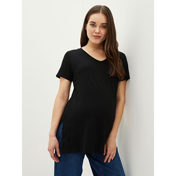 V Yaka Düz Kısa Kollu Hamile Tişört