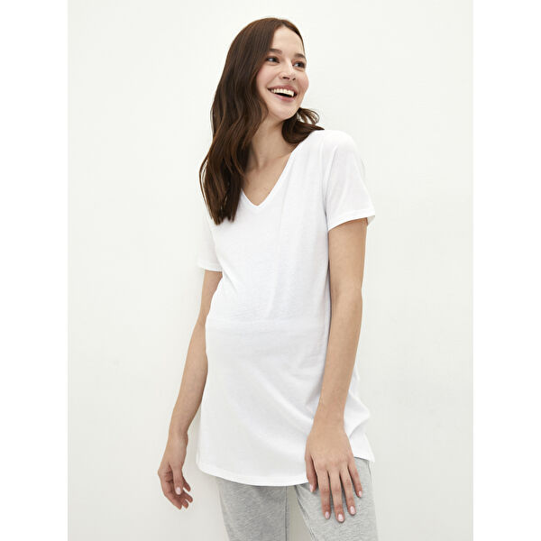 V Yaka Düz Kısa Kollu Pamuklu Hamile Tişört