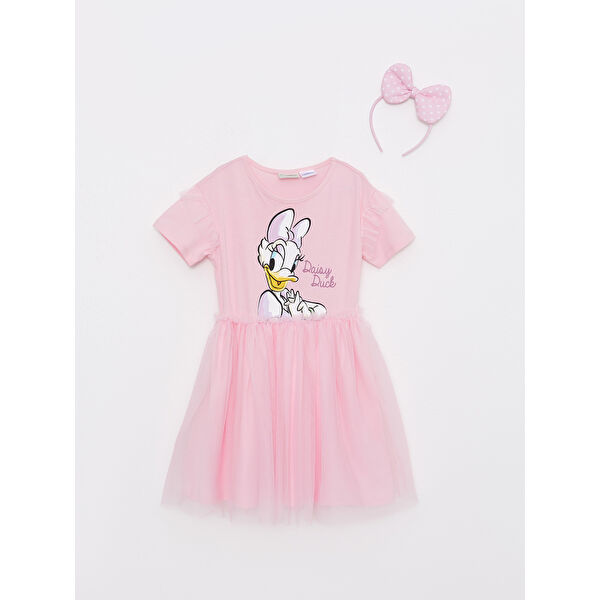 Bisiklet Yaka Daisy Duck Baskılı Kısa Kollu Kız Çocuk Elbise ve Taç