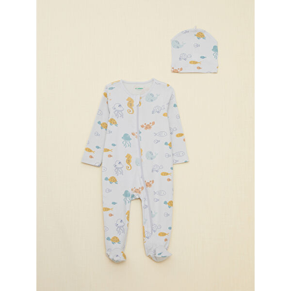 Bisiklet Yaka Uzun Kollu Baskılı Organik Pamuklu Erkek Bebek Tulum ve Bere 2'li Takım
