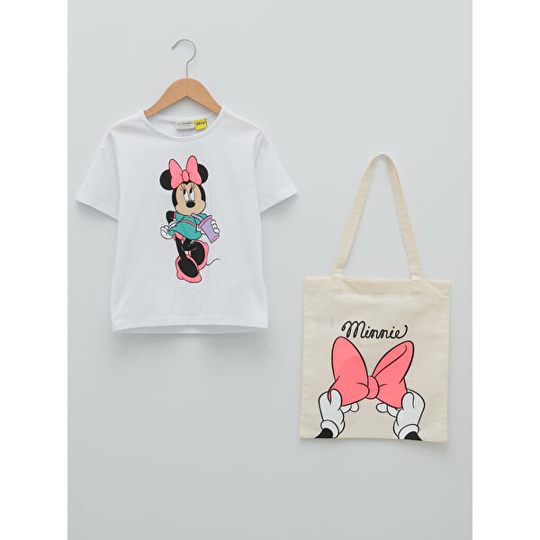 Bisiklet Yaka Minnie Mouse Baskılı Kısa Kollu Pamuklu Kız Çocuk Tişört ve Bez Çanta