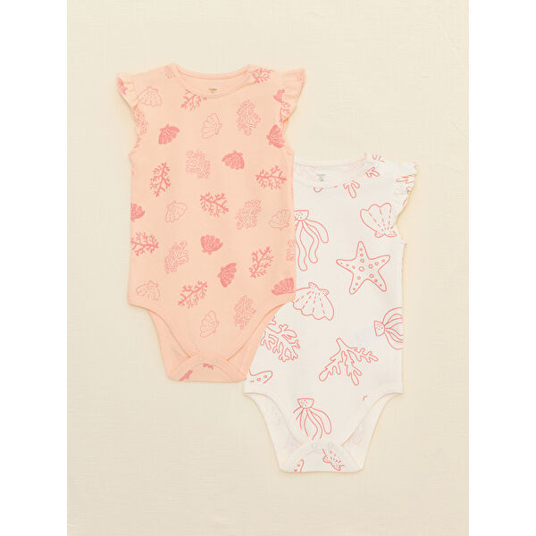 LCW GREEN Bisiklet Yaka Kısa Kollu Baskılı Organik Pamuklu Kız Bebek Çıtçıtlı Body 2'li