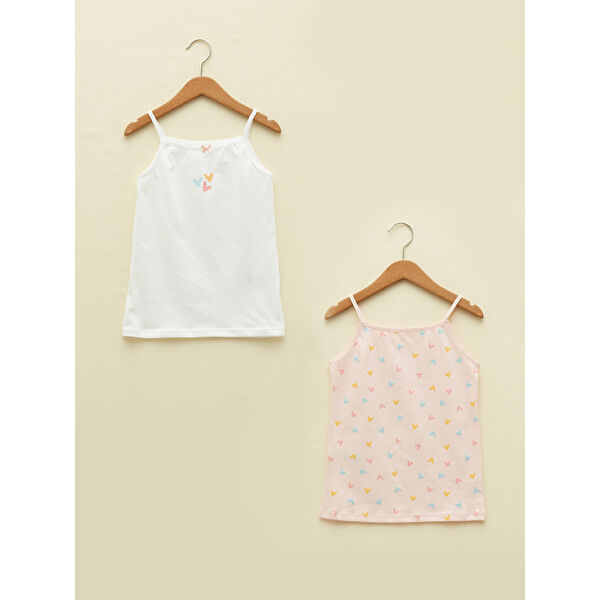 Kare Yaka Baskılı Askılı Organik Pamuklu Kız Çocuk Atlet 2'li