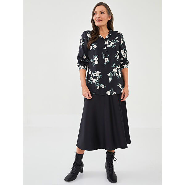 LCW GRACE Kaçık Yaka Çiçekli Uzun Kollu Poplin Kadın Bluz