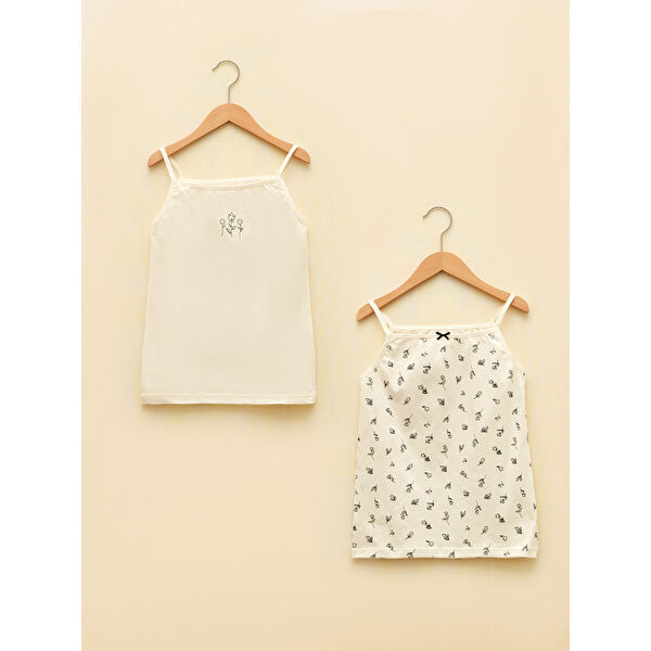 Kare Yaka Baskılı Askılı Organik Pamuklu Kız Çocuk Atlet 2'li