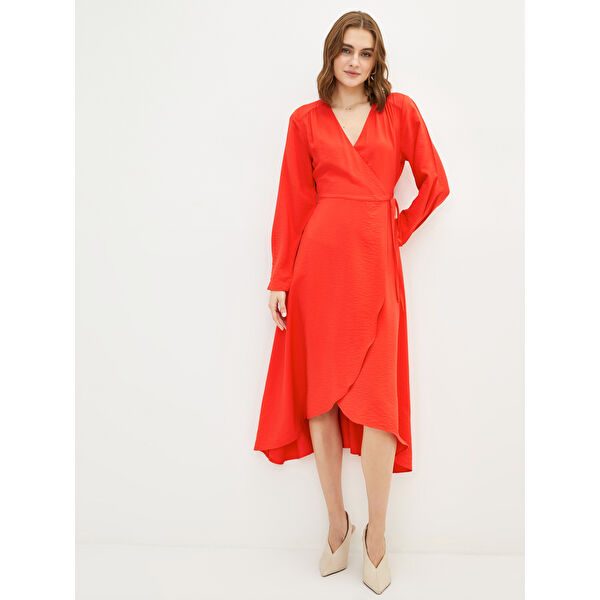 LCW CLASSIC Kruvaze Yaka Düz Uzun Kollu Kadın Elbise