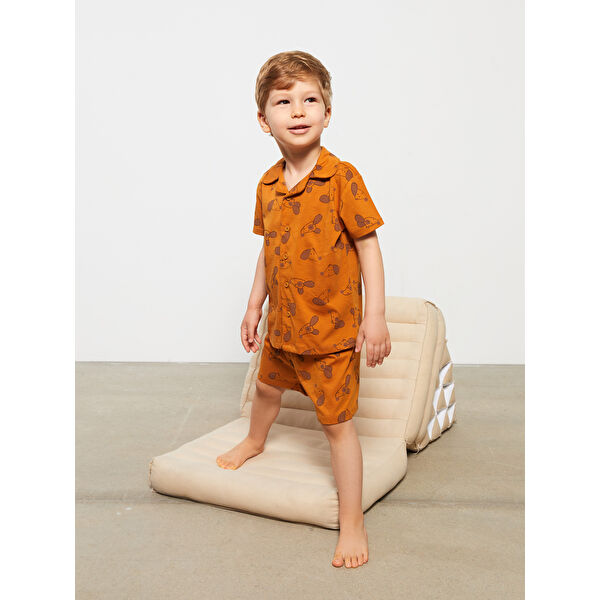 Polo Yaka Kısa Kollu Baskılı Pamuklu Erkek Bebek Pijama Takımı 2'li