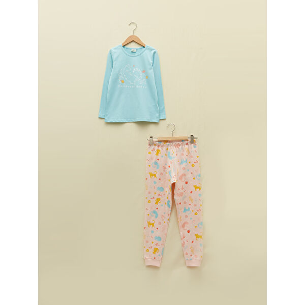 Bisiklet Yaka Baskılı Uzun Kollu Organik Pamuklu Kız Çocuk Pijama Takımı