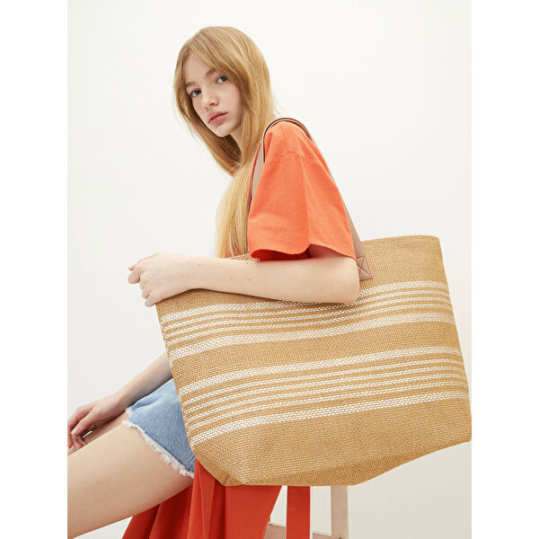 Çizgili Kadın Hasır Plaj Çantası