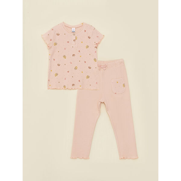 Bisiklet Yaka Kısa Kollu Organik Pamuklı Kız Bebek Tişört ve Tayt Pantolon 2'li Takım