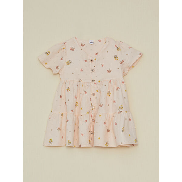 V Yaka Kısa Kollu Baskılı Organik Pamuklu Kız Bebek Elbise V Yaka Kısa Kollu Baskılı Organik Pamuklu Kız Bebek Elbise