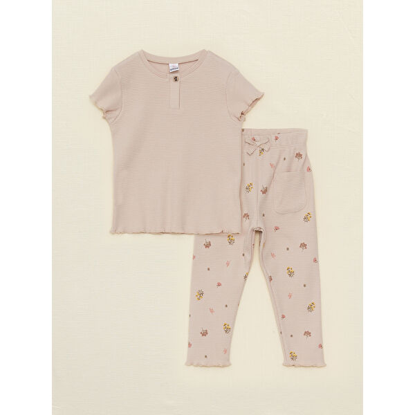 Bisiklet Yaka Kısa Kollu Organik Pamuklı Kız Bebek Tişört ve Tayt Pantolon 2'li Takım