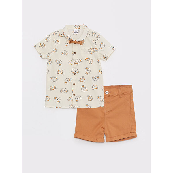 Kısa Kollu Baskılı Erkek Bebek Pamuklu Gömlek Şort ve Papyon 3'lü Takım