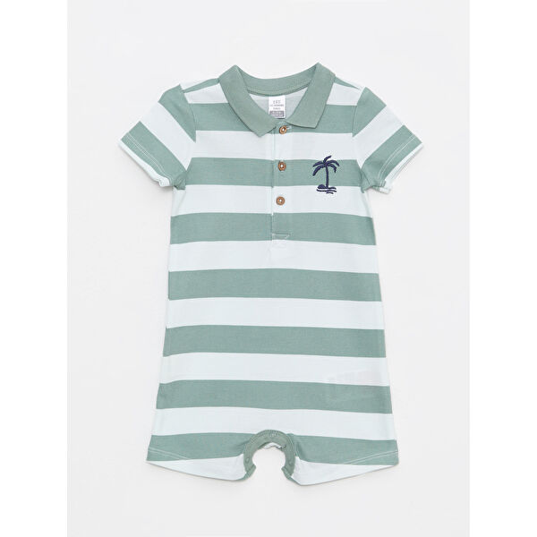 Polo Yaka Kısa Kollu Çizgili Pamuklu Erkek Bebek Tulum