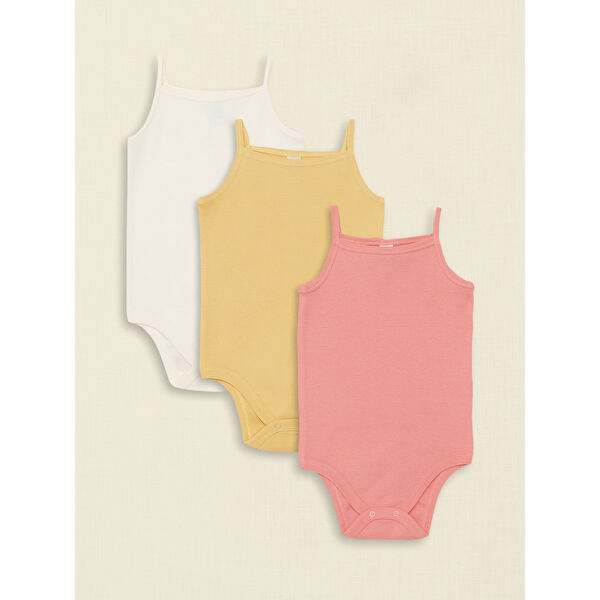 Kare Yaka Askılı Basic Pamuklu Kız Bebek Çıtçıtlı Body 3'lü