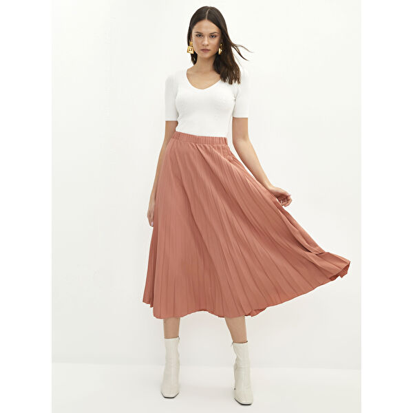 LCW CLASSIC Beli Lastikli Düz Maroken Kumaş Kadın Pileli Etek