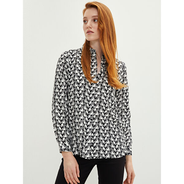 Önden Düğme Kapamalı Desenli Uzun Kollu Viskon Kadın Gömlek