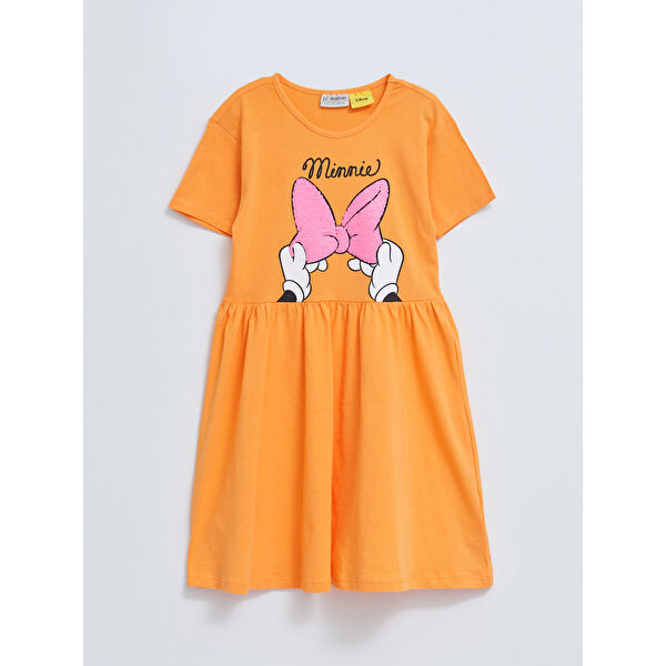 Bisiklet Yaka Minnie Mouse Baskılı Kısa Kollu Kız Çocuk Elbise