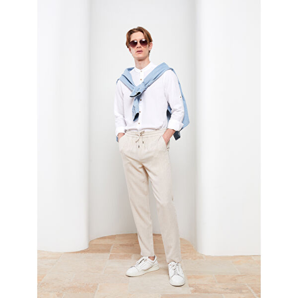 Slim Fit Beli Bağlama Detaylı Keten Erkek Pantolon