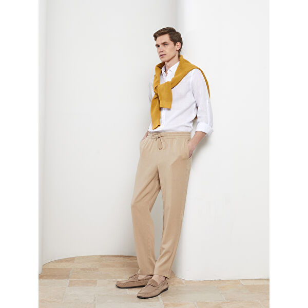 Slim Fit Beli Bağlama Detaylı Keten Erkek Pantolon