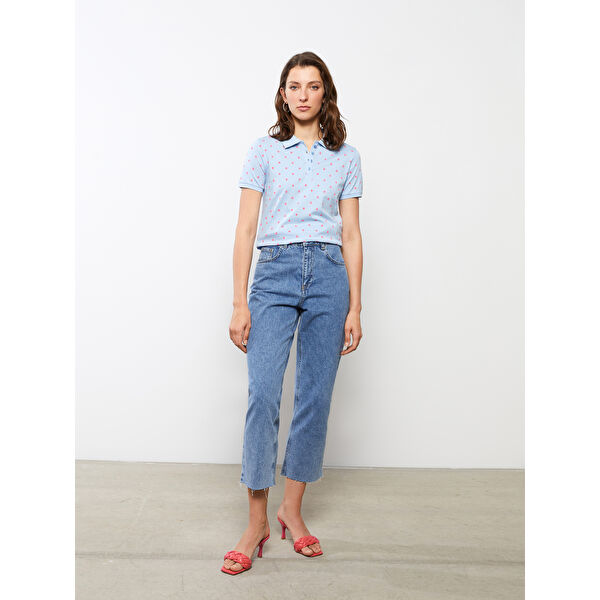 Polo Yaka Puantiyeli Kısa Kollu Pamuklu Kadın Tişört