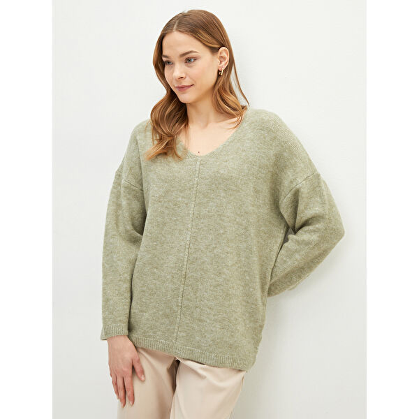 LCW BASIC V Yaka Düz Uzun Kollu Oversize Kadın Triko Kazak