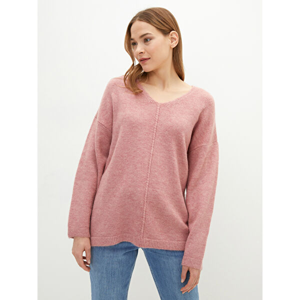 LCW BASIC V Yaka Düz Uzun Kollu Oversize Kadın Triko Kazak