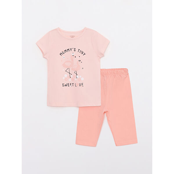 Bisiklet Yaka Kısa Kollu Baskılı Pamuklu Kız Bebek Pijama Takımı 2'li