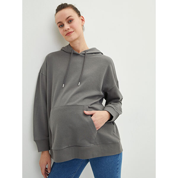 Kapüşonlu Düz Uzun Kollu Hamile Sweatshirt