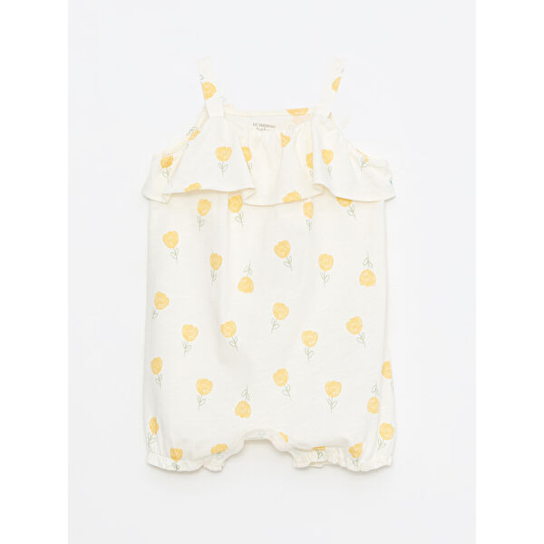 Kare Yaka Askılı Baskılı Pamuklu Kız Bebek Tulum