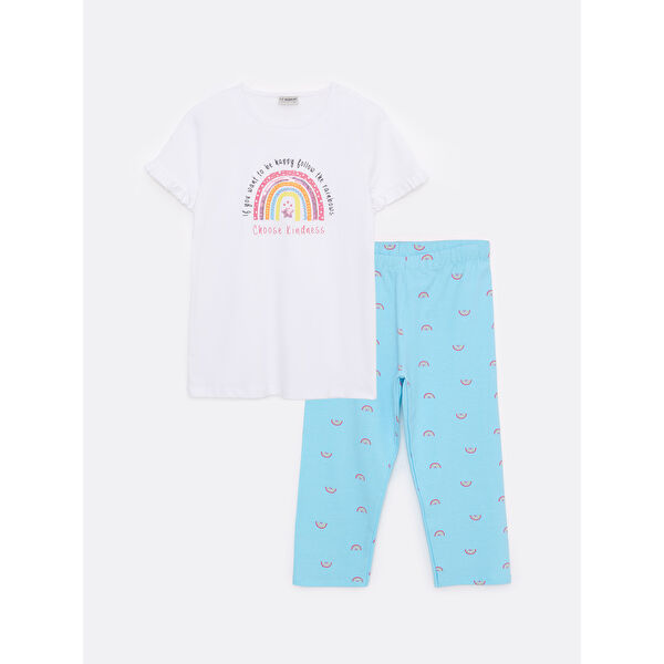 Bisiklet Yaka Baskılı Kısa Kollu Kız Çocuk Bluz ve Tayt