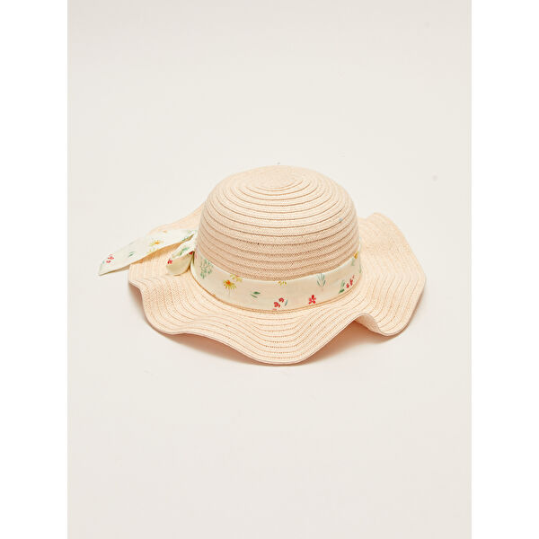 Baskılı Biye Detaylı Kız Çocuk Hasır Şapka