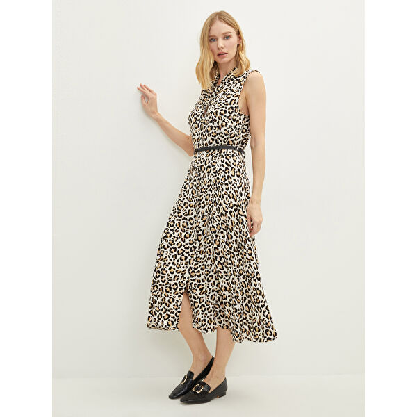 LCW CLASSIC Gömlek Yaka Leopar Desenli Kolsuz Viskon Kadın Elbise