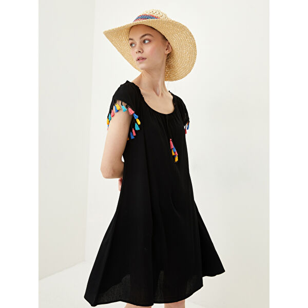 LCW DREAM Kayık Yaka Düz Kısa Kollu Viskon Kadın Plaj Elbisesi LCW DREAM Kayık Yaka Düz Kısa Kollu Viskon Kadın Plaj Elbisesi