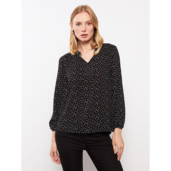 Bağlamalı Yaka Çiçekli Uzun Kollu Viskon Kadın Bluz