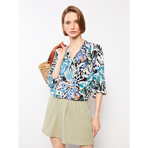 Bağlamalı Yaka Çiçekli Uzun Kollu Viskon Kadın Bluz