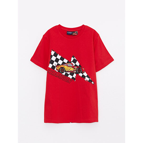 Bisiklet Yaka Arabalar Baskılı Kısa Kollu Pamuklu Erkek Çocuk Tişört