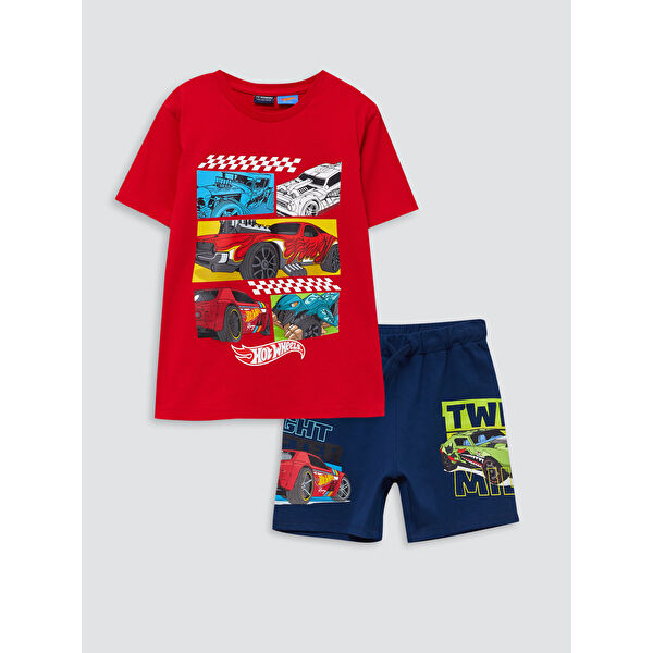 Bisiklet Yaka Hotwheels Baskılı Kısa Kollu Erkek Çocuk Tişört ve Şort