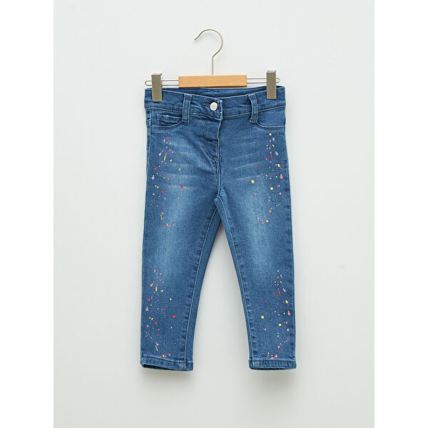 Beli Lastikli Baskılı Pamuklu Kız Bebek Jean Pantolon