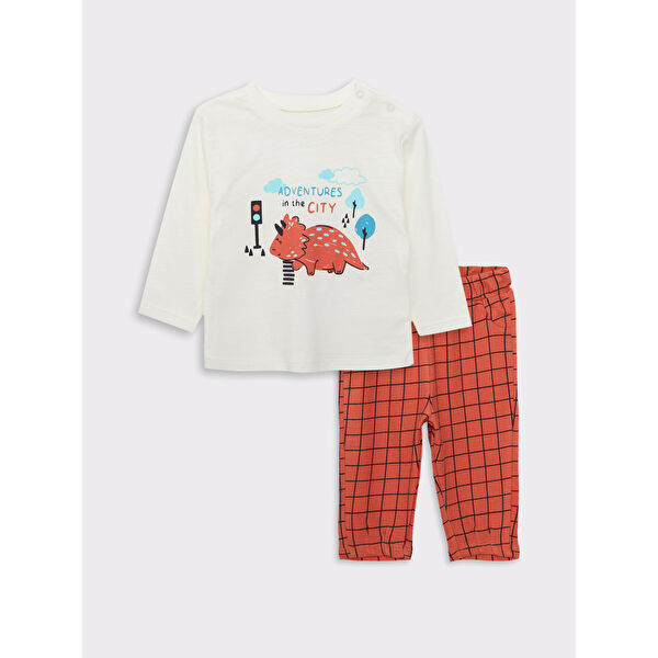 Bisiklet Yaka Uzun Kollu Baskılı Pamuklu Erkek Bebek Tişört ve Pantolon 2'li Takım