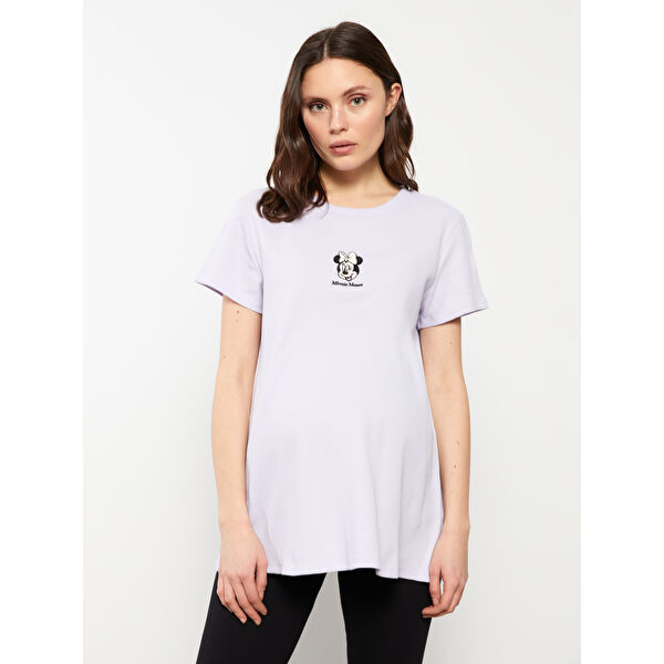 Bisiklet Yaka Minnie Mouse Nakışlı Kısa Kollu Pamuklu Hamile Tişört