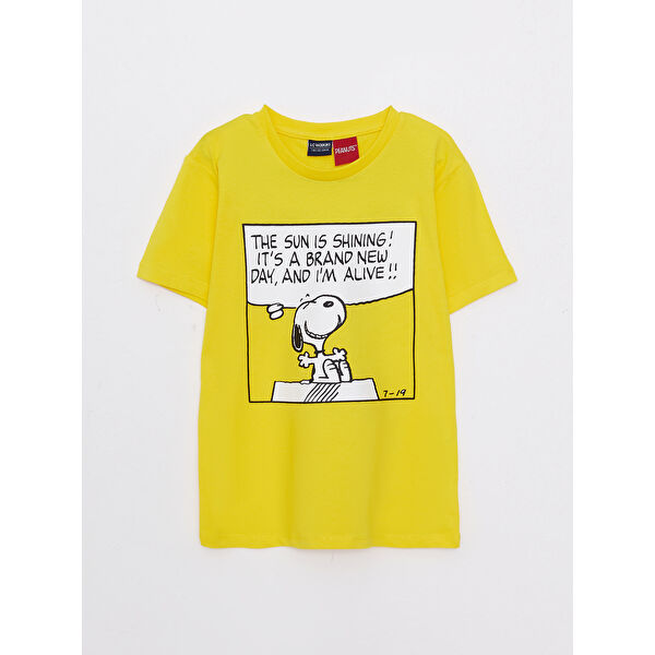 Bisiklet Yaka Snoopy Baskılı Kısa Kollu Pamuklu Erkek Çocuk Tişört