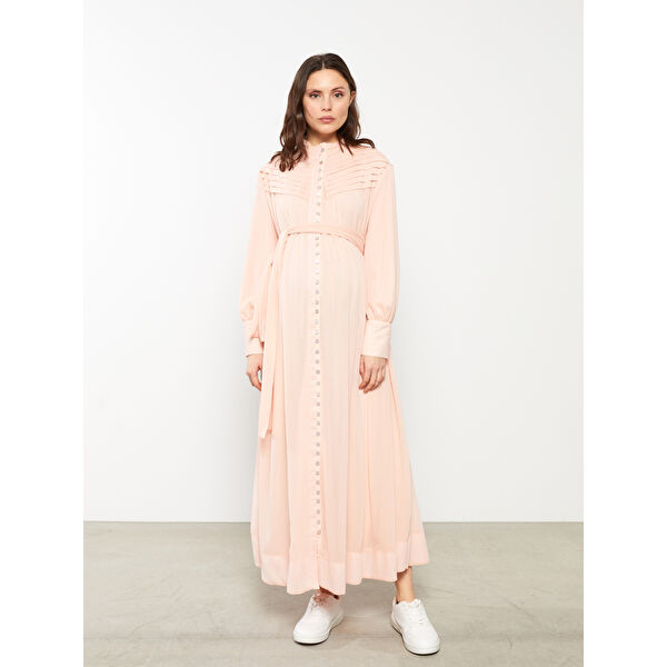 Bisiklet Yaka Beli Bağlama Detaylı Uzun Kollu Hamile Elbise Bisiklet Yaka Beli Bağlama Detaylı Uzun Kollu Hamile Elbise