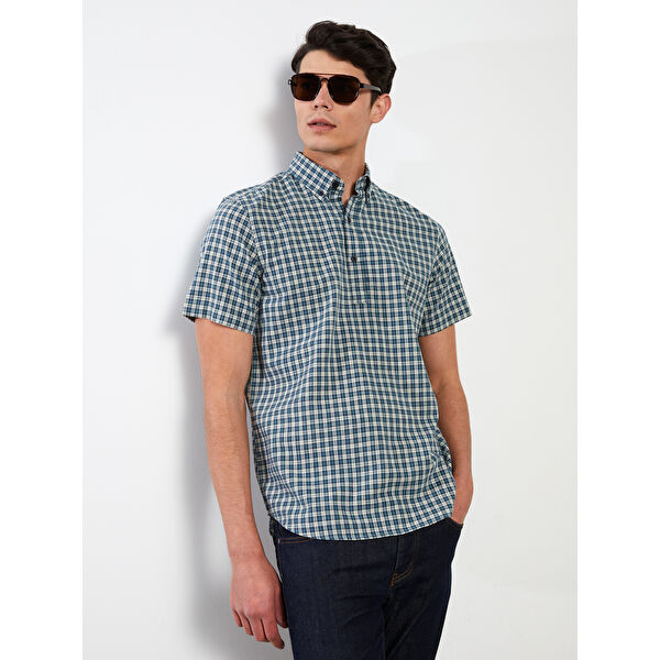 Regular Fit Kısa Kollu Ekose Poplin Erkek Gömlek