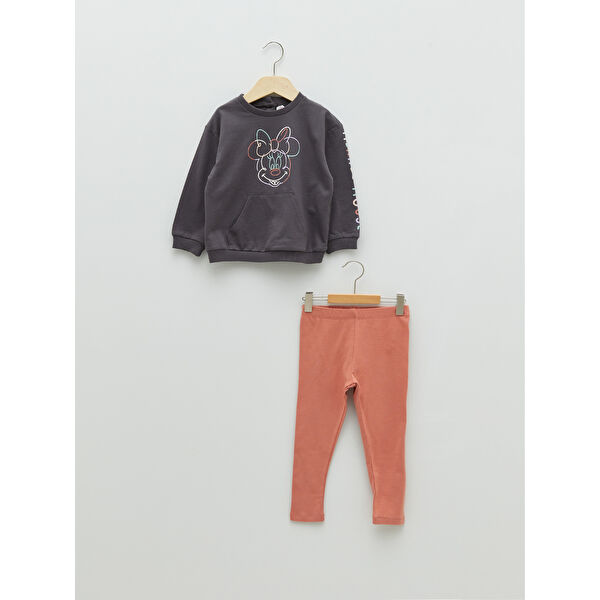 Bisiklet Yaka Uzun Kollu Minnie Mouse Baskılı Kız Bebek Sweathirt ve Tayt 2'li